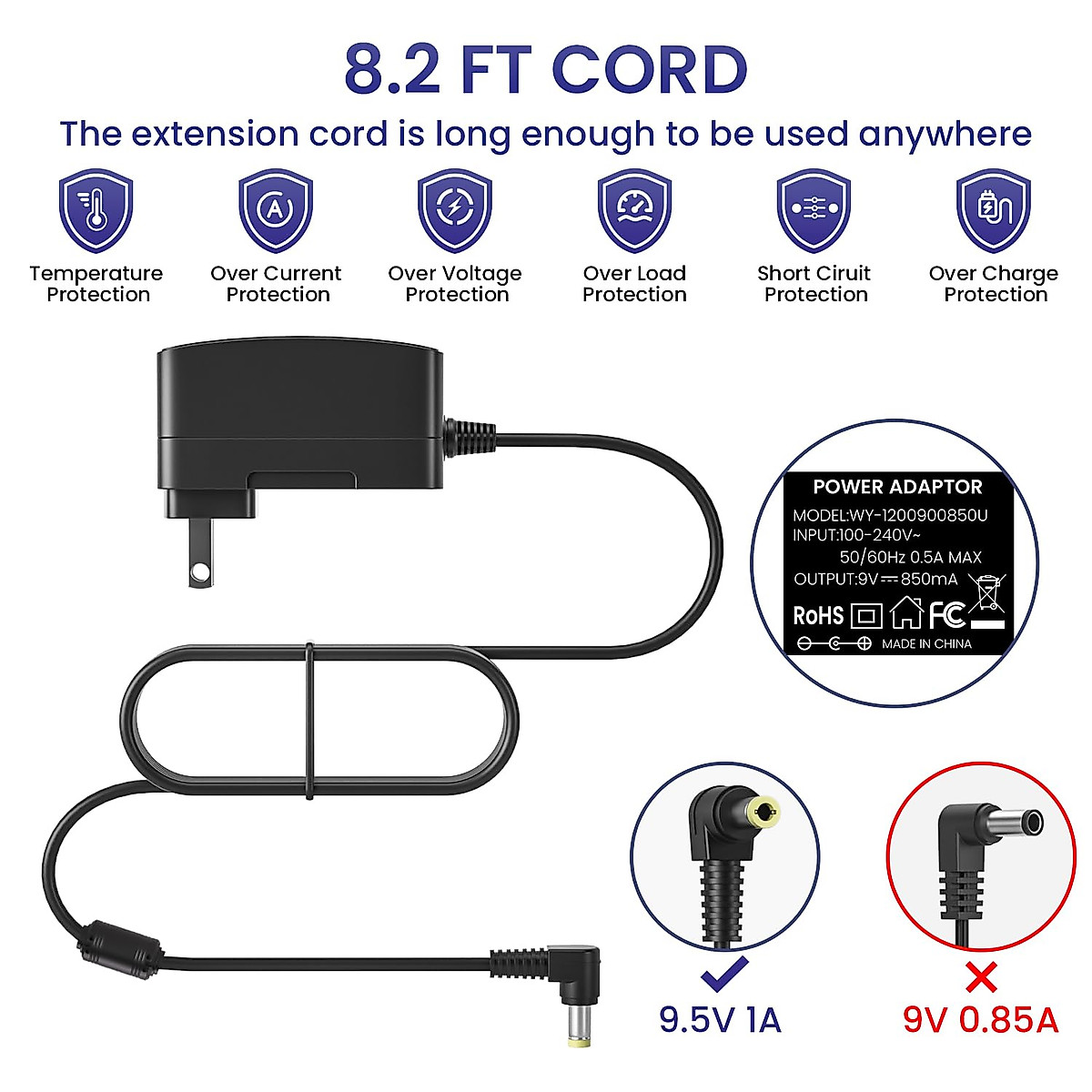 XXSZHY 9.5V AC/DC Adapter for Casio Power Supply Charger for Casio Piano Keyboard - Only Compatible for Listed Models (8.2 Ft Long Cord) (9.5v 1a)