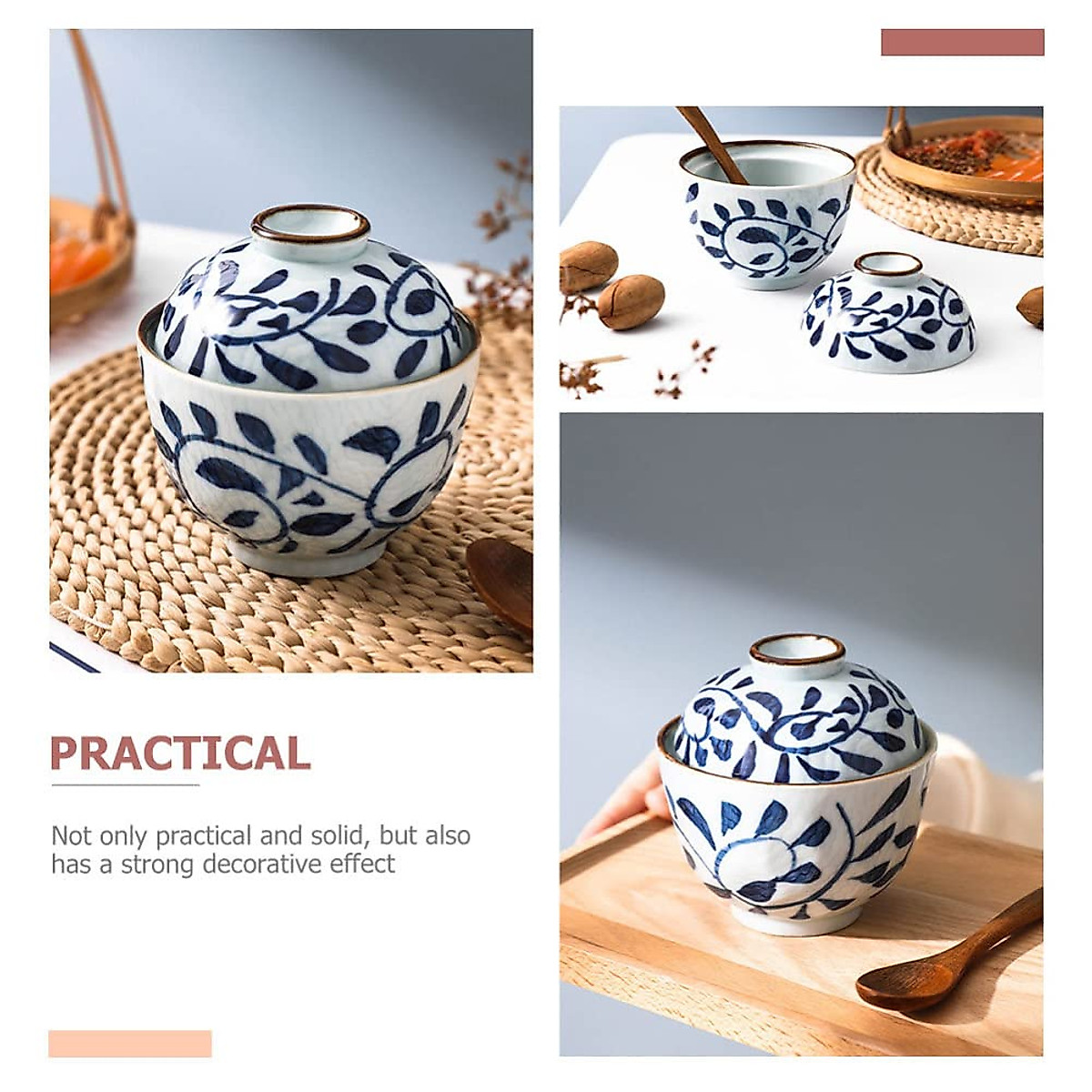 CALLARON Mixing Bowls Ceramic Stew Pot with Lid Steam Soup Bowl Steaming Cup Japanese Style Noodle Bowl Steamed Egg Bowl Custard Cups for Home Kitchen Egg Custard Birds Popcorn Bowl