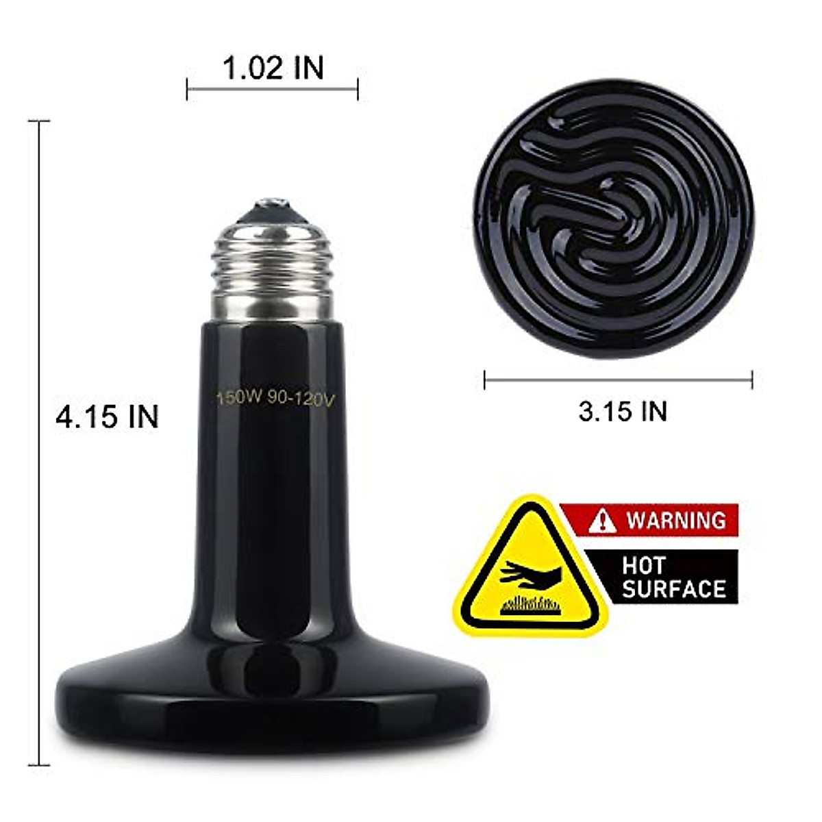 FIVEAGE Ceramic Heat Emitter 150W Reptile Heat Lamp Bulb,No Light Emitted No Harm Heater Chicken Heat lamp Infrared Lamp for Lizard Snake Coop Tortoise Aquarium Pet Brooder,2P- Black