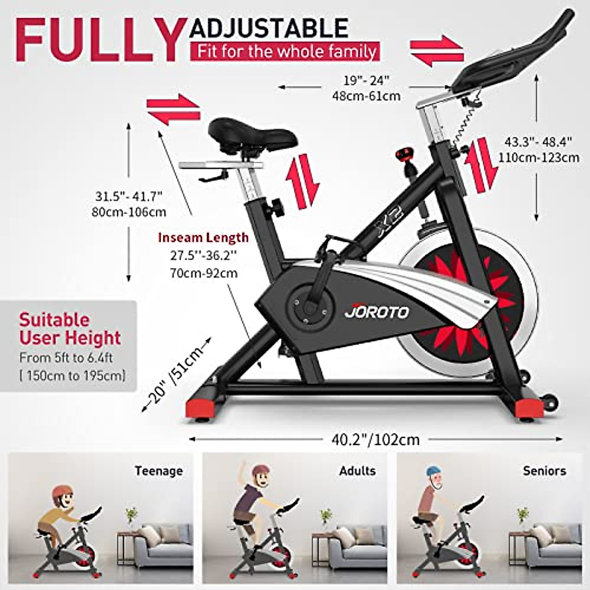 JOROTO Belt Drive Indoor Cycling Bike with Magnetic Resistance Exercise Bikes Stationary ( 300 Lbs Weight Capacity ) (Updated)