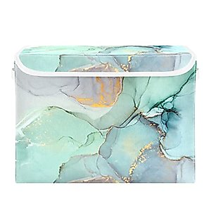 Kigai Abstract Marble Print Aqua Storage Basket with Lid Collapsible Storage Bin Fabric Box Closet Organizer for Home Bedroom Office 1 Pack