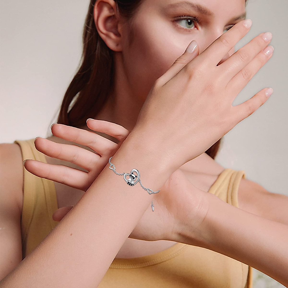 CHENGHONG Raccoon Bracelet Gifts 925 Sterling Silver Heart Charm Bracelet Raccoon Bracelet Animal Jewelry Gifts For Women