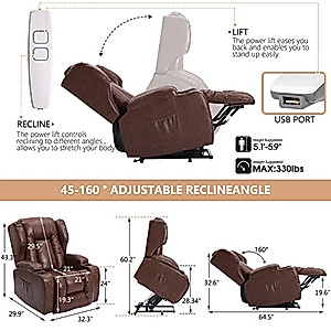 IPKIG Power Lift Chairs Recliners for Elderly with Massage and Heated, Faux Leather Power Recliner Chair with USB Ports/2 Remote Control/4 Side Pocket for Living Room, Bedroom (Brown)