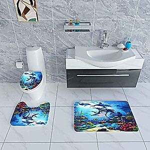 4 Pcs Dolphin Shower Curtain Set with Rugs, Toilet Lid Cover Bath Mat ,Blue Ocean Sea World Decoration Shower Curtain with 12 Hooks,65 x 70 Inches Waterproof Dolphin Shower Curtain for Bathroom Set…