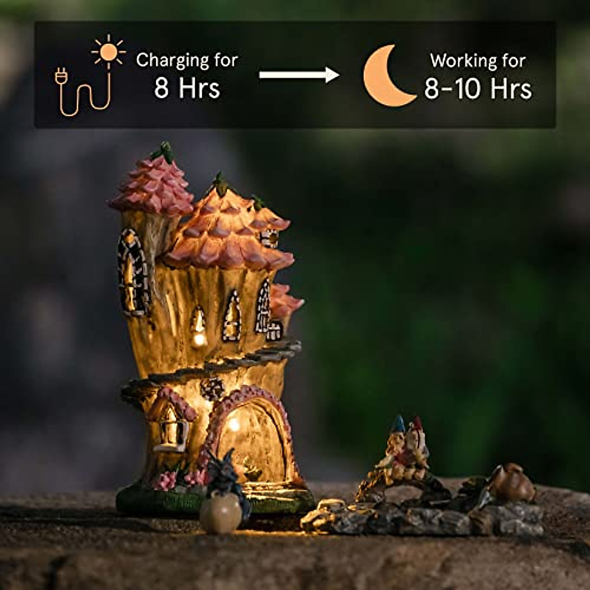 LA JOLIE MUSE Fairy Garden Gnome Accessories Kit - Hand Painted Miniature Solar Powered Fairy House Dragon Figurine Set of 4 pcs, Indoor & Outdoor Ornaments Gifts for Girls Boys Adults