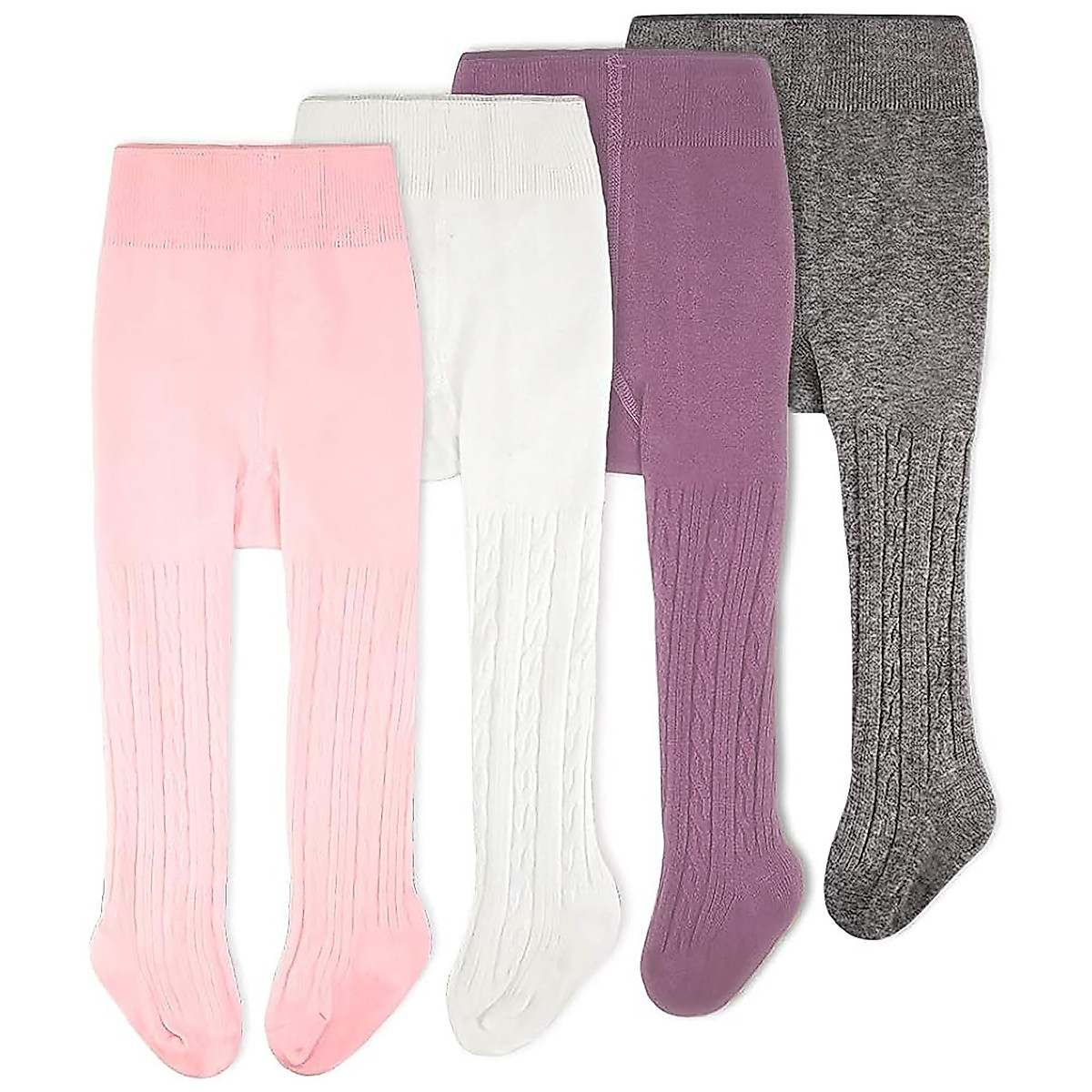 CozyWay Cable Knit Cotton Leggings/Tights for Baby Girls, 4 Pack, White/Pink/Purple/Gray, 6-12 Months Old