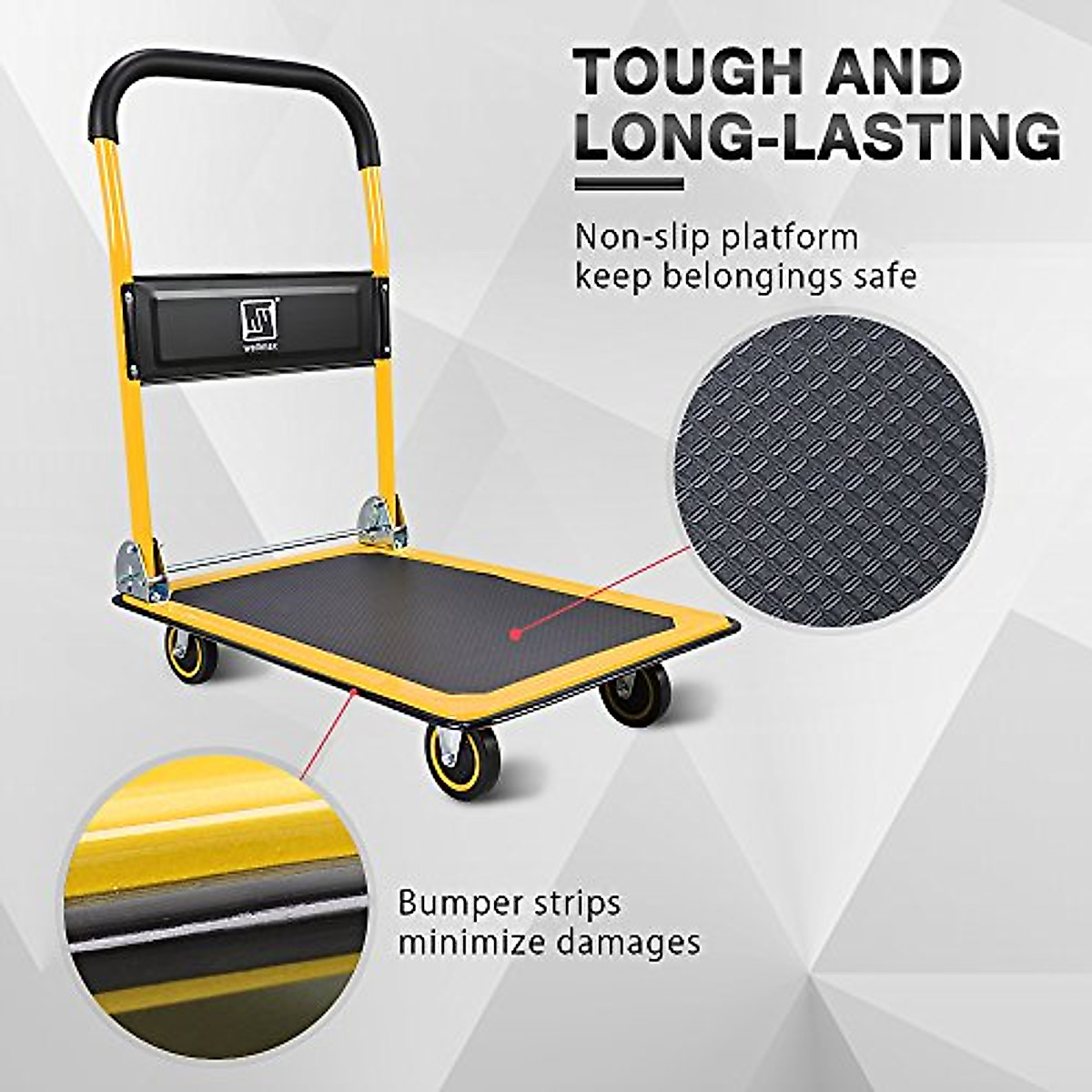 Push Cart Dolly by Wellmax, Moving Platform Hand Truck, Foldable for Easy Storage and 360 Degree Swivel Wheels with 330lb Weight Capacity, Yellow Color