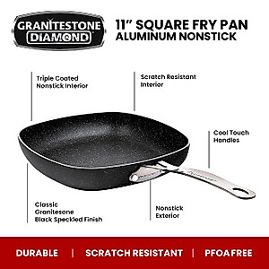 Granitestone 11" Shallow Square Frying Pan Nonstick Skillet, Scratchproof Diamond Infused Coating, No-warp Mineral-enforced Cookware Dishwasher Oven Safe PFOA-Free Kitchenware - As Seen On TV
