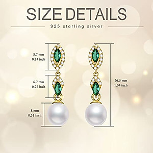 BETHZA Pearl Dangle Earrings for Women 925 Sterling Silver Long Dangle Natural Earrings Gold Plated Stud Earrings with Green Cubic Zirconia Pearl Jewelry for Wife Girlfriend