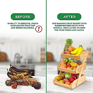 GET SORTED Bamboo Fruit Basket 3 Tier — 33+ Lbs Capacity, 12mm Thickness, Raised Bottom & 2 Hooks — Ideal for Bread, Toiletries, Snacks, Seasonings - Fruit Bowl for Kitchen Counter, Dining Table, etc