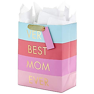 Hallmark 13" Large Mother's Day Gift Bag with Tissue Paper ("Very Best Mom Ever" - Blue, Lavender and Pink Stripes) for Moms, Grandmas, Nanas, Mom Squads