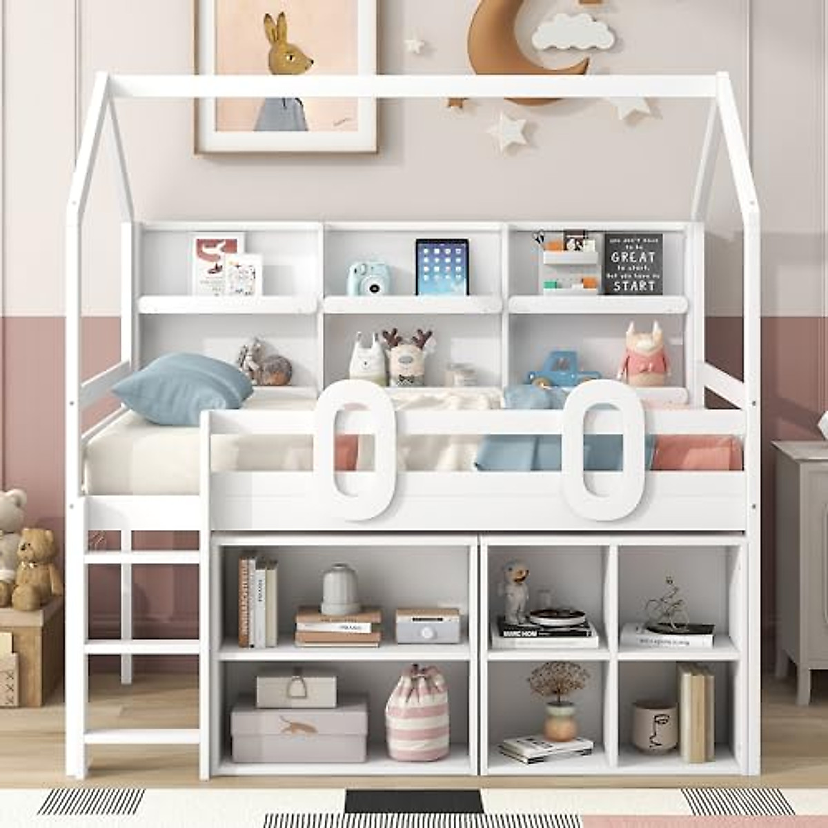 Harper & Bright Designs Twin Size House Loft Bed with Multiple Storage Shelves,Wood Kids Loft Bed with Storage,Twin Playhouse Bed for Boys, Girls, White