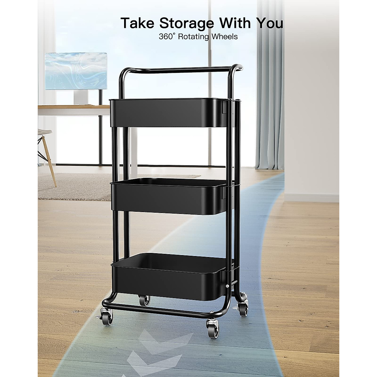 Totnz Rolling Utility Cart, 3-Tier Mesh Organization Cart with Lockable Wheels, Multi-Functional Storage Trolley for Office, Living Room, Kitchen, Laundry, Bathroom Storage, Black (TZUC01B)