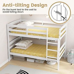 Giantex Bunk Bed Twin Over Twin, Solid Wood Detachable Bed Frame with High Guardrails & Integrated Ladder, Wooden Slatted Bunk Bed for Kids & Teens, No Box Spring Needed, White