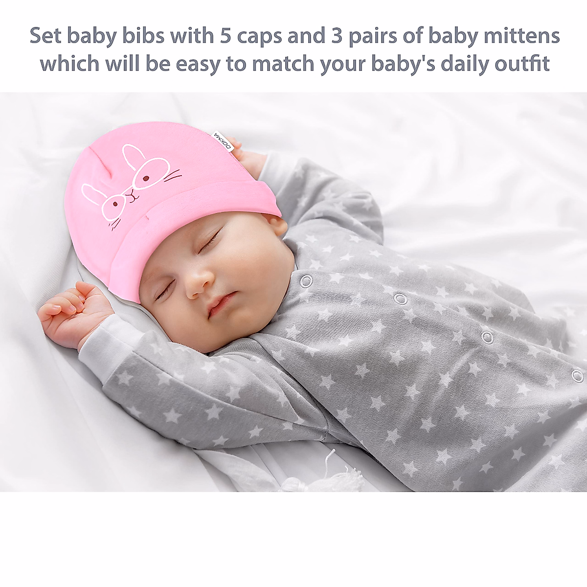 DOKMA Organic Cotton Baby Mittens and Caps Set - Mittens for Newborn 0-6 Months - Ultra Soft, No Scratch - 5 Caps x 3 Mittens