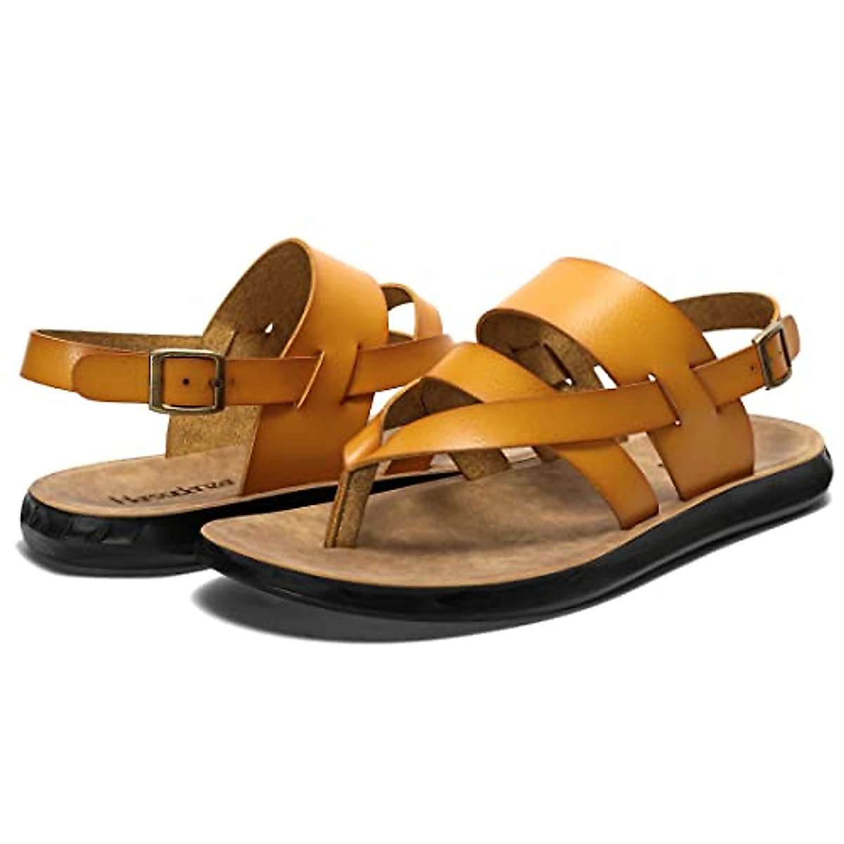 Harssidanzar Quick-Dry Flip-Flop Sandals For Men's,Summer Comfy Outdoor Adjustable Ankle Strap Flat Slip On Sandals Flip Flops Shoes KM218,TAN,Size 10