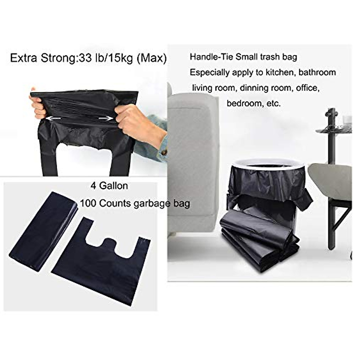 YYaaloa 100 pcs Small Black Trash Bags with Handles 14x22 Super Thick plastic Rubbish Bags,T-shirt bags,Wastebasket Bags for Office, Picnic,Kitchen, Bulk Bags (Black 100 pack)