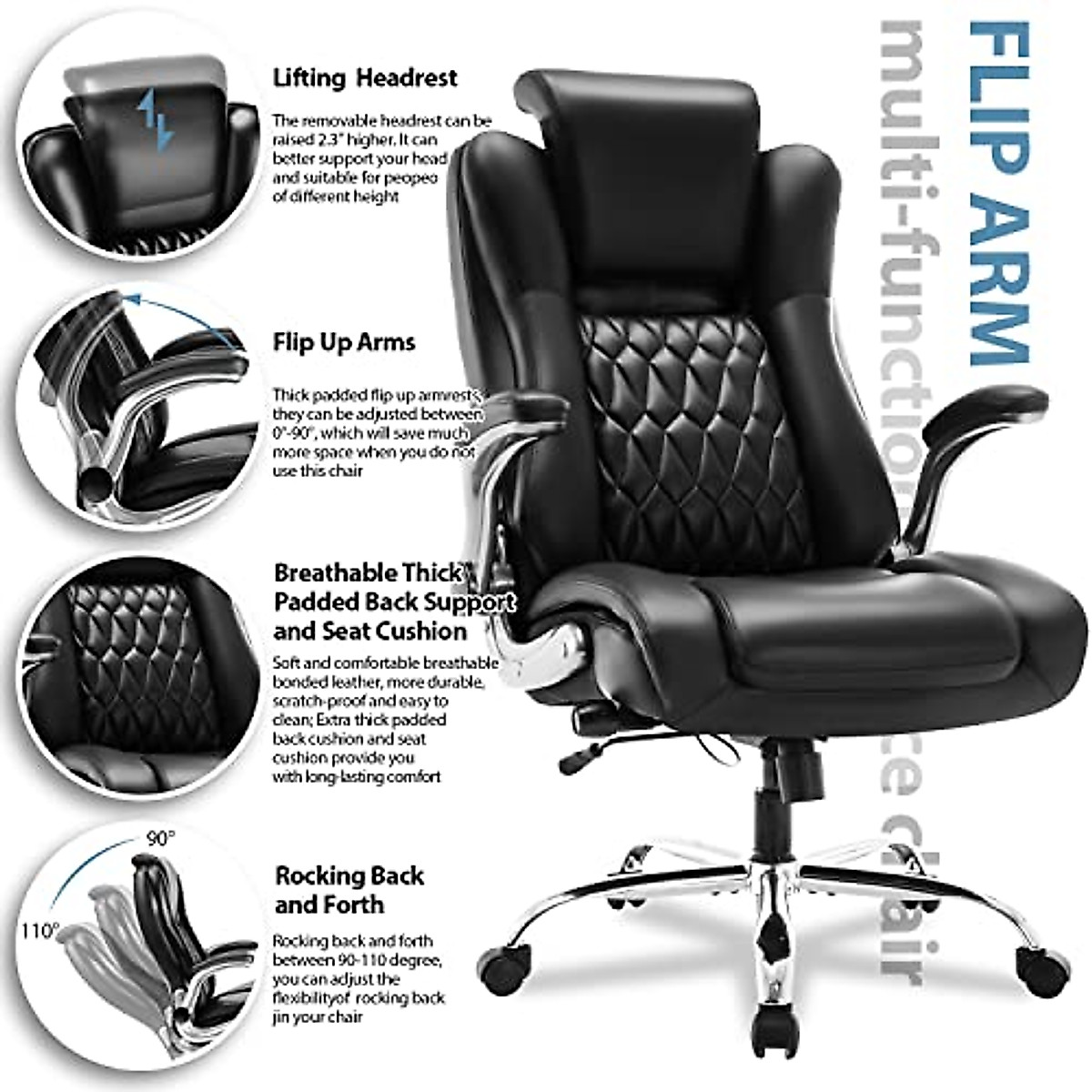High Back Office Chair with Lifting Headrest - Flip Arms Adjustable Built-in Lumbar Support, Executive Computer Desk Chair Home Office Work Chairs, Thick Padded, Strong Metal Base, Ergonomic Design