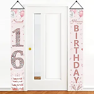 Pink and Rose Gold Sweet 16th Birthday Door Banner Decorations for Girls, Happy 16 Years Old Birthday Party Supplies Decor, Sweet sixteen Birthday Porch Sign for Indoor Outdoor