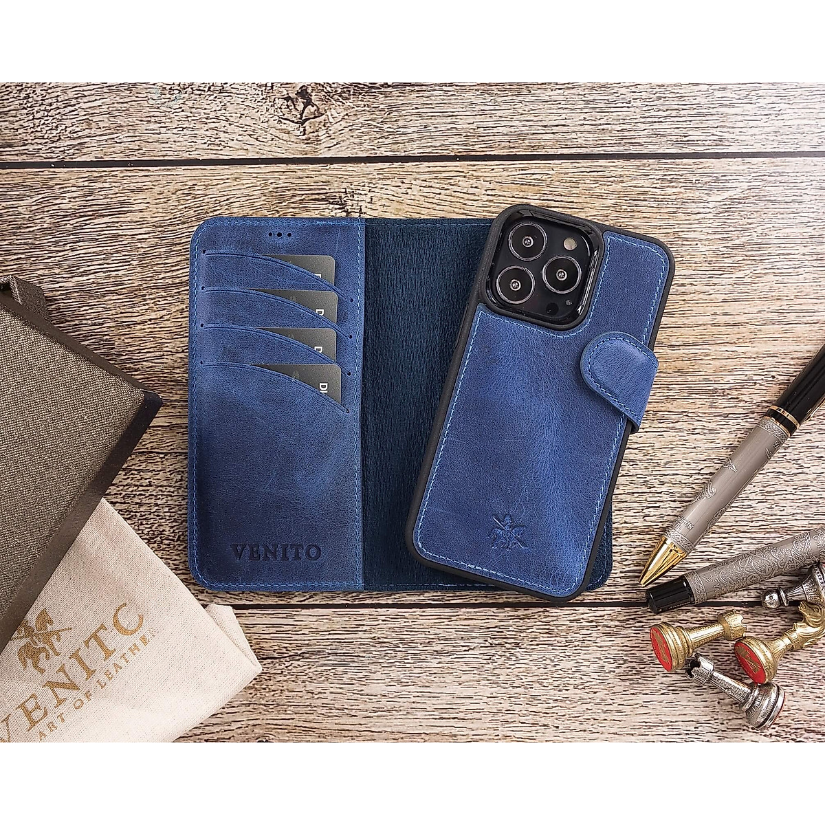 Venito Ravenna Slim Magic Leather Wallet Case for iPhone 13 Pro Max (6.7 in) with a Magnetic Flip & Four Card Slots and a Bill Pocket & Lightweight Frame (Antique Dark Blue)