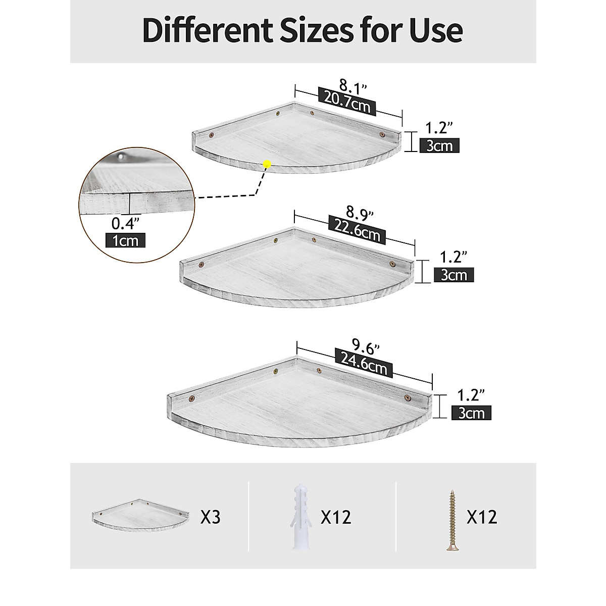 Godimerhea Corner Shelves Wall Mount, Rustic Natural Wood Corner Floating Shelf, Distressed White Storage Organizer Corner Wall Shelves for Living Room Kitchen Bedroom Bathroom Laundry, 9.68x9.68 Inch