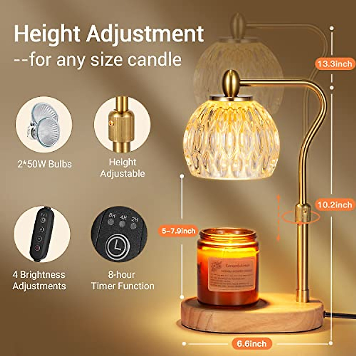 NVRGIUP Candle Warmer, Candle Warmer Lamp with Timer & Dimmer Candle Warmer Height Adjustable Scented Candles, Candle Warmer with 2 * 50W Bulbs for Home Decor (Gold)