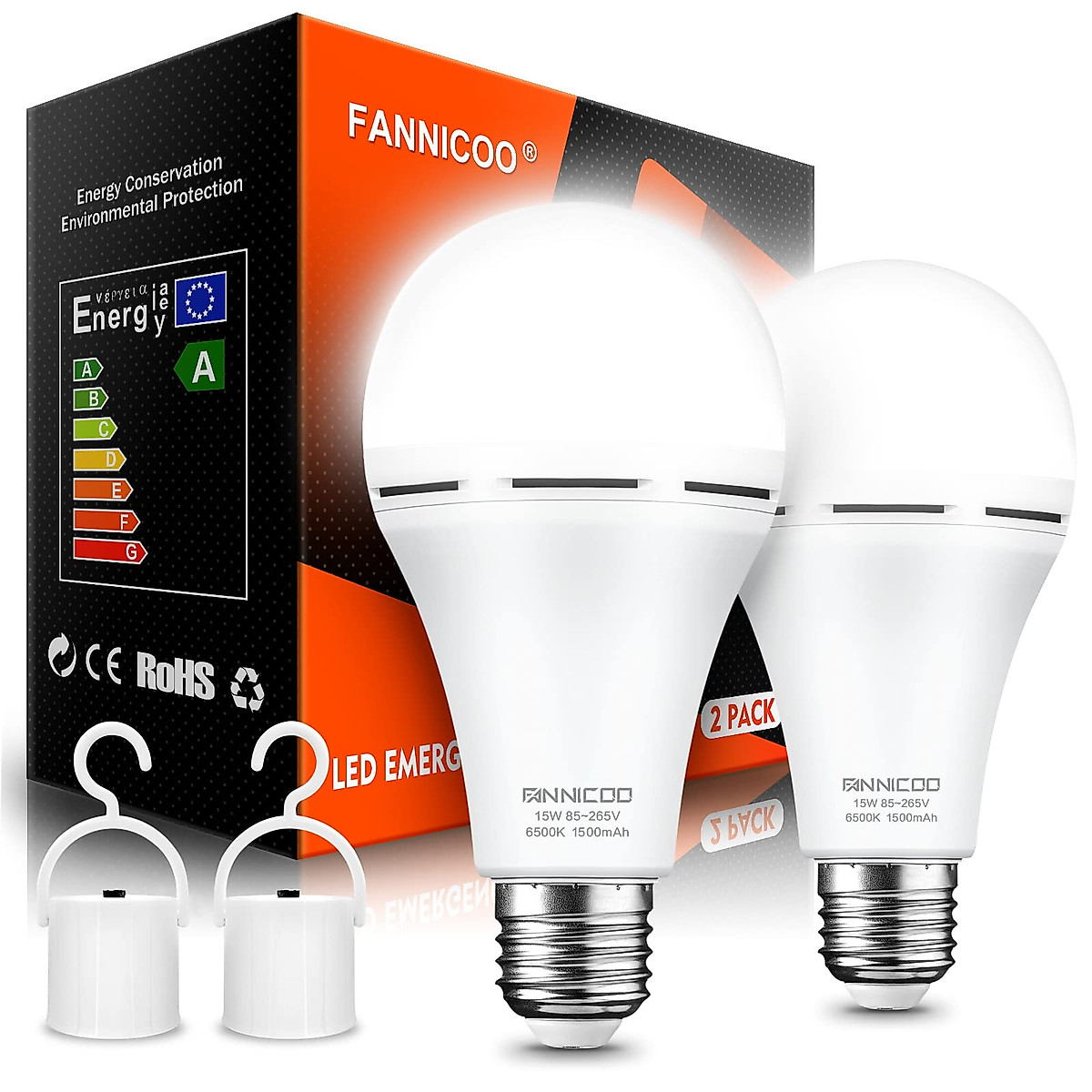 FanNicoo Rechargeable Emergency Light Bulbs LED Bulbs 1500mAh Battery Backup for Power Outage 15W 80W Equivalent 6500K Light Bulbs Widely Used in Home Camping Hiking (2 Pack Daylight)