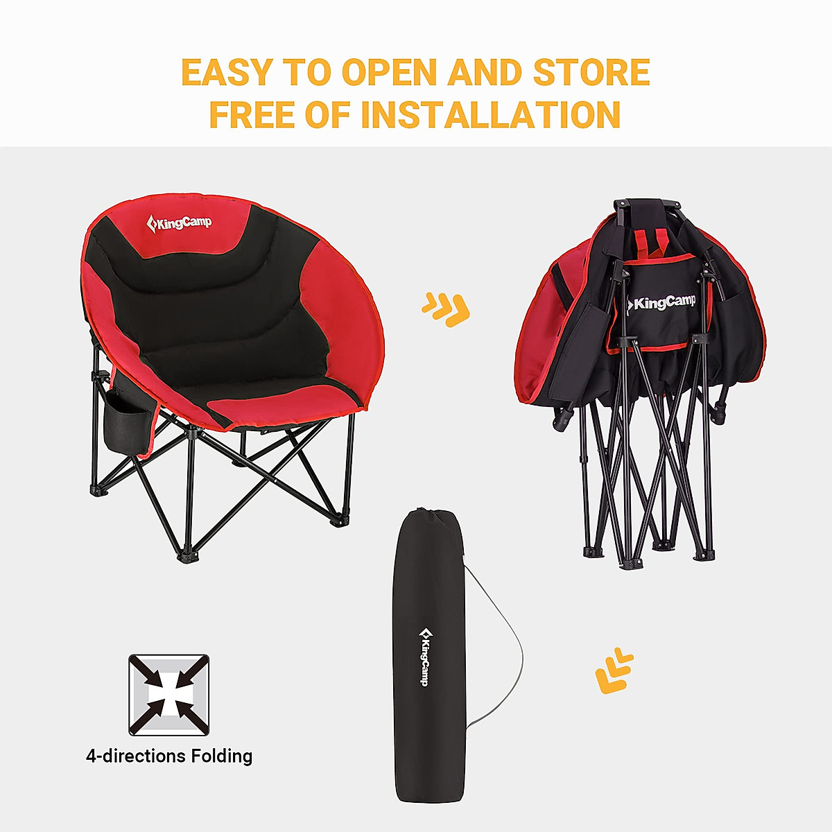 KingCamp Foldable Saucer Moon Lounge Chair with Cupholder Storage Pocket for Indoor Home or Outdoor Camping and Tailgating Use, Black/Red