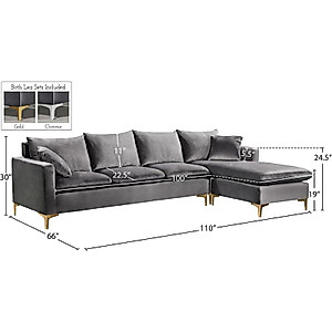 Meridian Furniture Naomi Collection Modern | Contemporary Velvet Upholstered REVERSIBLE Sectional with Rich Gold or Chrome Legs, Grey