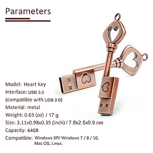 64GB USB 3.0 Flash Drive, BorlterClamp Memory Stick Retro Metal Love Heart Key Shaped USB Drive Thumb Drive