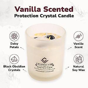 Protection Crystal Candle - Vanilla Scented Candle With Black Obsidian Crystals and Daisy Petals - Candle with Crystals Inside for Positive Energy