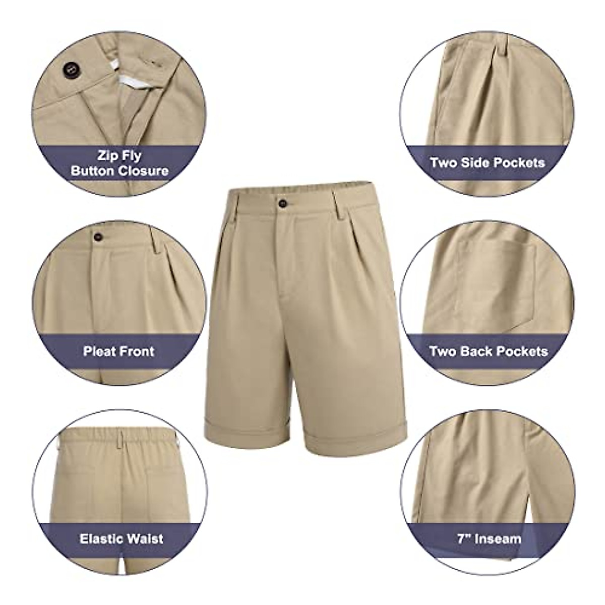 COOFANDY Men’s Linen Casual Shorts Classic Fit 7" Summer Beach Shorts Elastic Waistband with Pockets, Khaki, Medium