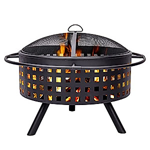 Vipush Fire Pit - 30in Black Crossweave Outdoor Fire Pit, Wood Burning Fire Pit with Spark Screen, Fireplace Poke, Cover - Fire Pit for Outside, Patio, Garden, Backyard, Decking