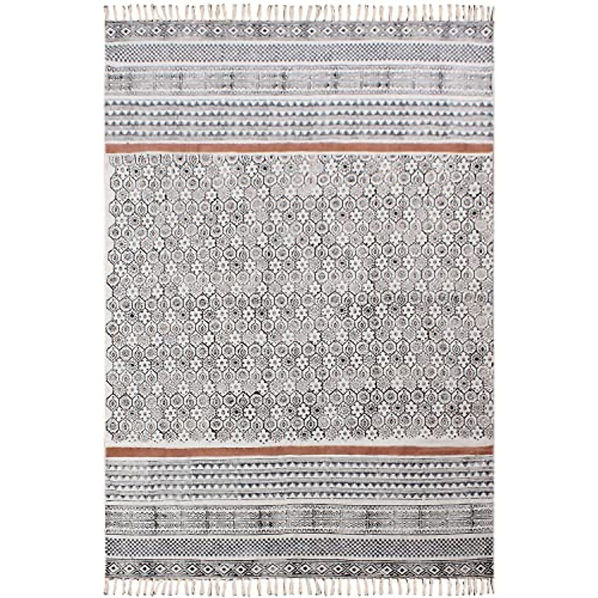 Casavani Hand Block Printed Tassels Throw Rugs Brown, Black Geometric Area Rug Doormat Floor Rug Indoor Area Rugs for Bedroom Living Room Laundry Room 3x10 Feet Runner