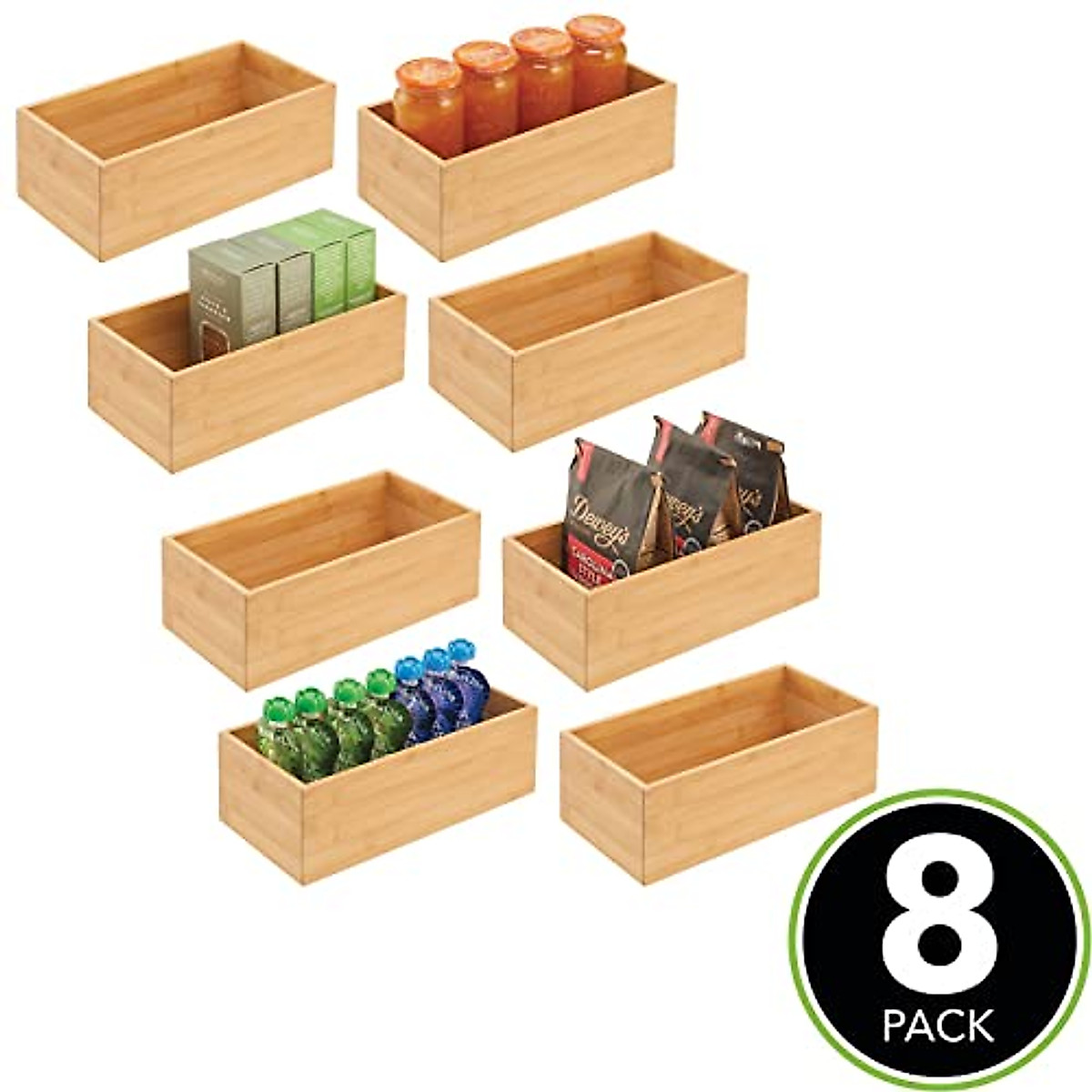 mDesign Bamboo Wood Organizer Storage Bin Box for Kitchen, Pantry, and Drawer Organization; Holder for Snacks, Juice Boxes, Utensils, Tea, Coffee - Echo Collection - 8 Pack - Natural