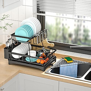 Yeepoo Dish Drying Rack 2 Tier and Triangle Roll-Up Drying Rack Set for Kitchen Counter Come with Cup Rack Utensil Holder Cutting Board Holder Rustproof Stainless Steel Dish Drainer with Drainboard