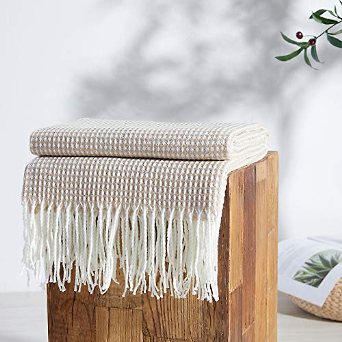 BOURINA 100% Acrylic Waffle Thermal Blanket for  Home Decoration Soft Lightweight Blanket  Breathable and Moisture Absorption for All Season for Couch/Bed,50 x 60'' Beige