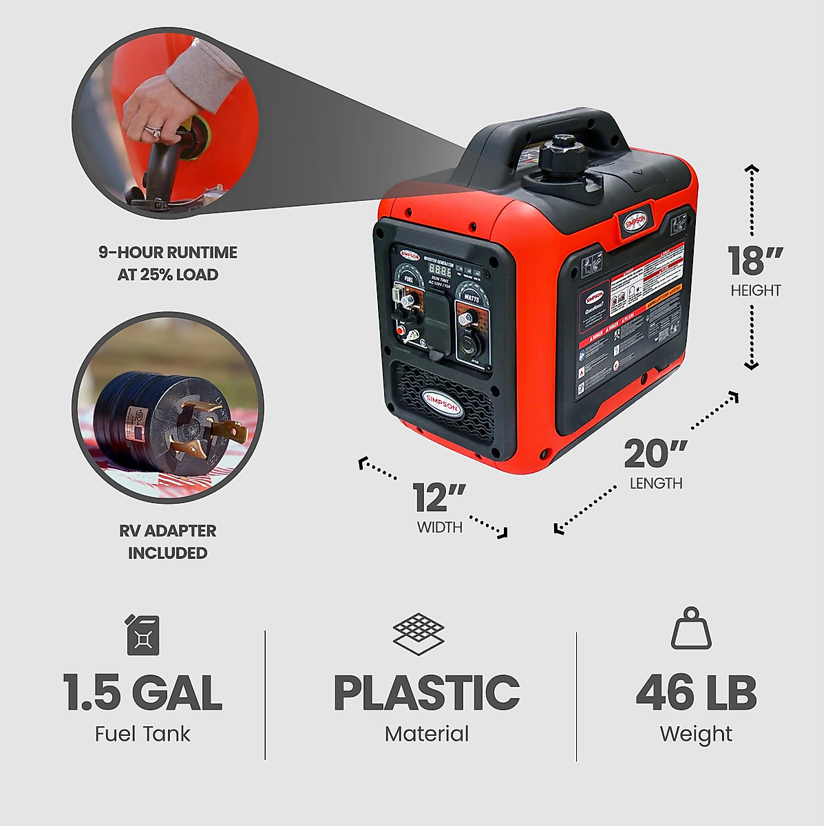 SIMPSON Cleaning SIG2218 Portable Gas Generator and Inverter Power Station for Camping, RV, Home Use, Construction, and More, 1800 Running Watts 2200 Starting Watts