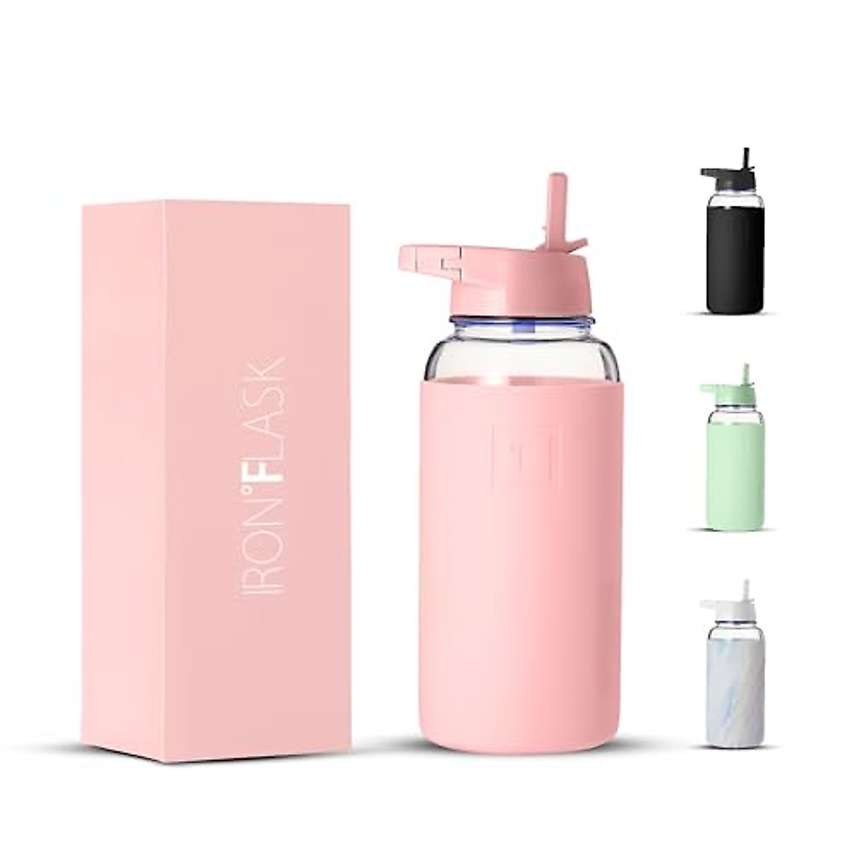 IRON °FLASK Glass Sports Water Bottle - Straw Lid, Airtight Leak Proof, Vacuum Insulated, Bosilicate Glass, Silicone Sleeve, Retains Temperature - Rose, 32 Oz