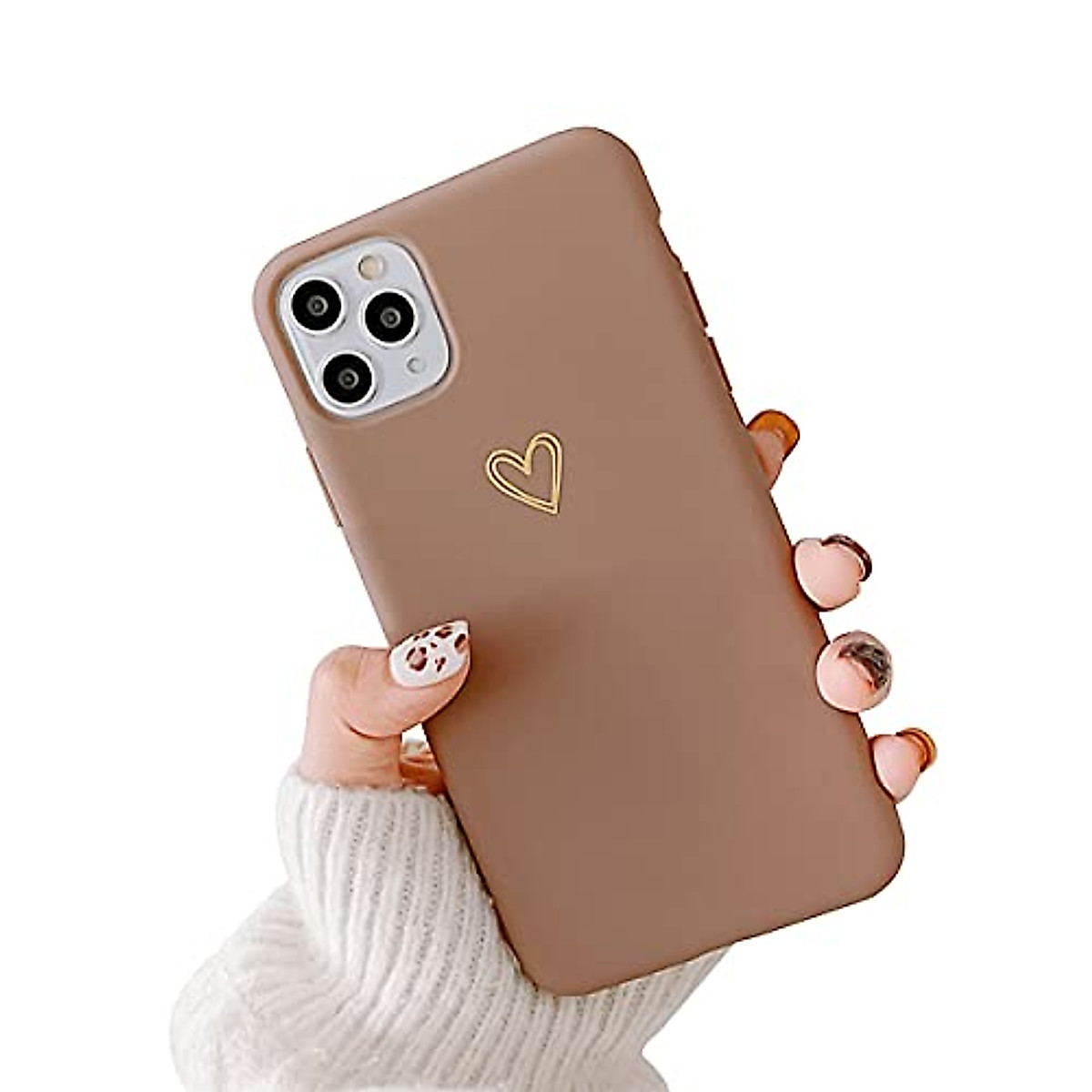 Ownest Compatible for iPhone 11 Pro Max Case for Soft Liquid Silicone Gold Heart Pattern Slim Protective Shockproof Case for Women Girls for iPhone 11 Pro Max-Brown