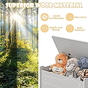 INFANS Wooden Toy Chest, Wide Kids Toy Box Storage Space with Safety Hinge Handles, Toddler Cabinet Organizer for Bedroom Playroom Living Room Entryway