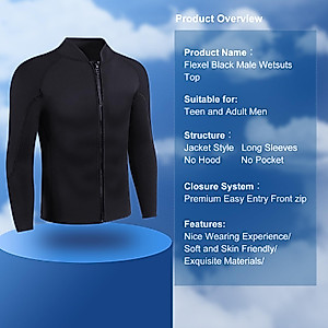 HIGI Flexel Wetsuit Top Men,2mm Mens Wetsuit Top Keep Warm in Cold Water Front Zip Wetsuit Jacket Men for Surfing,Kayaking,Snorkeling,Paddle Boarding, Mens Black, X-Large