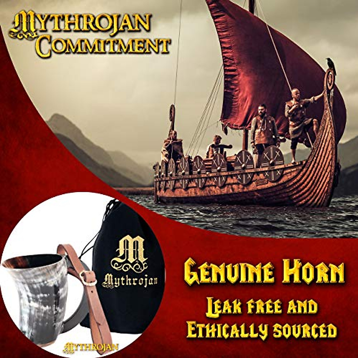Mythrojan Hot Horn Mug Tankard with Leather Strap Safely Holds Hot and Cold Liquids Coffee Hot Chocolate Wine Beer Mead 300ML