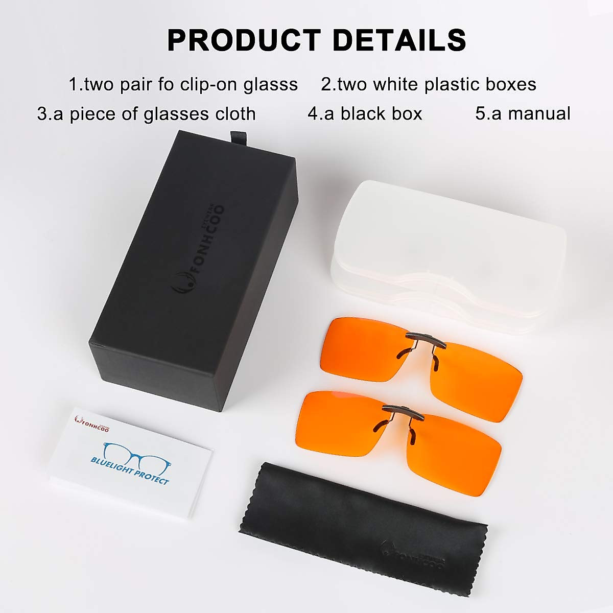 FONHCOO Clip-on Blue Light Blocking Glasses Womens Mens 2 Pack over Prescription Glasses Framless Lens Anti Eyestrain Headaches UV Filter Computer Gamer Eyeglasses