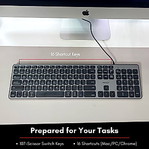 Macally USB Wired Keyboard for Mac and Windows - Apple Keyboard Compatible and Auto Detect for All OS - Slim Computer Keyboard for MacBook, iMac, PC with 107 Quiet Keys and 16 Shortcut Keys
