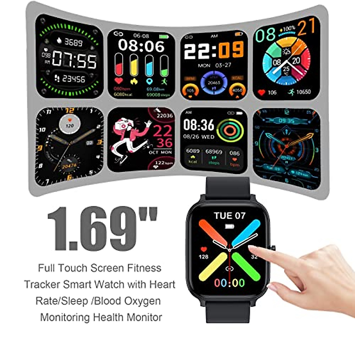 TORJALPH Smart Watch for Men Women Compatible with iPhone Samsung Android Phone 1.69 inch Full Touch Screen IP68 Waterproof Bluetooh Fitness Tracker Heart Rate / Sleep Monitor, Black
