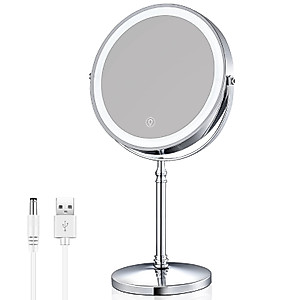 AMZNEVO Rechargeable 8'' Lighted Makeup Mirror, 10X Magnifying Vanity Mirror with 3 Color LED Lights, Double-Sided Cosmetic Mirror Battery Powered, Touch Button Adjust Brightness