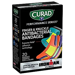 Curad Performance Series Ironman Fingertip and Knuckle Antibacterial Bandages, Extreme Hold Adhesive Technology, Fabric Bandages, 20 Count