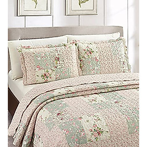 Brilliant Sunshine Traditional Rose and Sage Patchwork, with Rose Bud Patch Frames, 3-Piece Quilt Set with 2 Shams, Reversible Bedspread, Lightweight Coverlet, All-Season, Full/Queen, Light Rose Sage