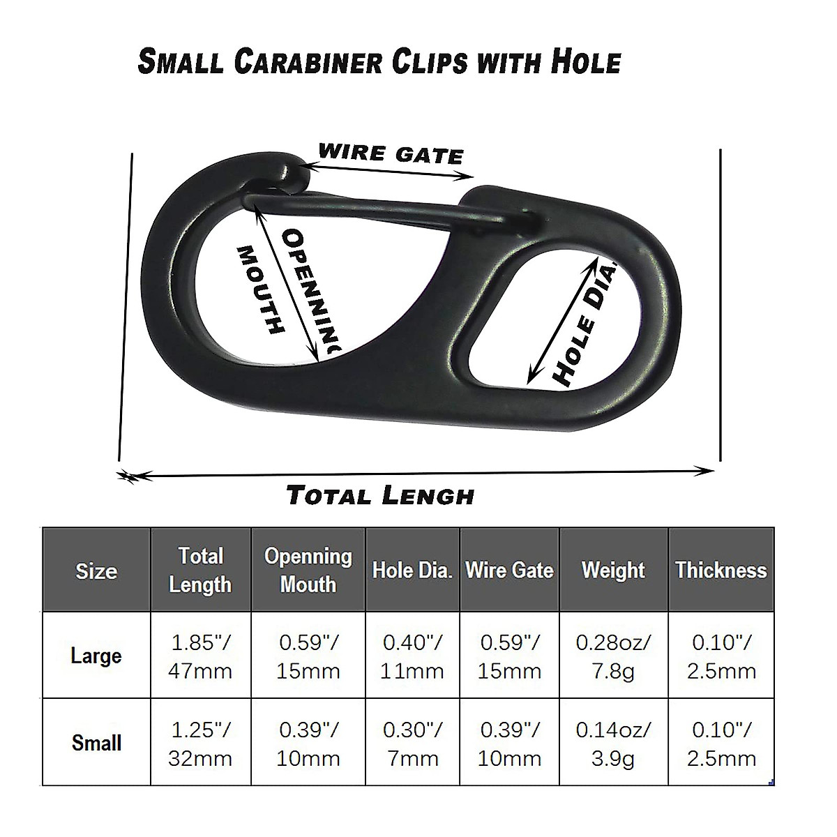 Bytiyar Small Carabiner Clips 1.85inch (47mm) Metal Snap Hooks with Fixed Eye Spring Gate Keychain Parocord Rope Clasps Accessories, 6 Pcs Black